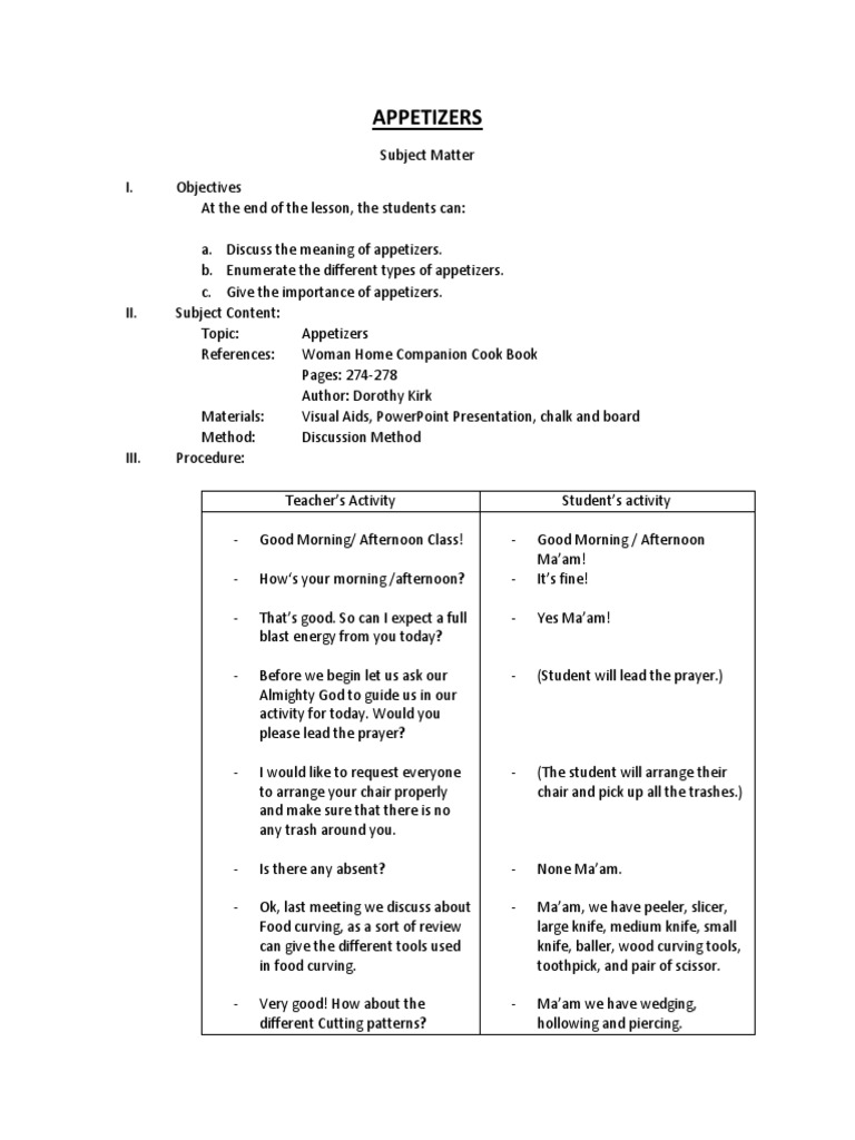 APPETIZERS Detailed Lesson Plan | Hors D'oeuvre | Food And Drink