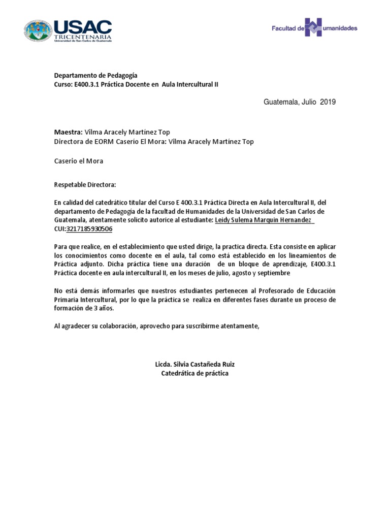 Carta de Practica Leidy | PDF | Salón de clases | Maestros