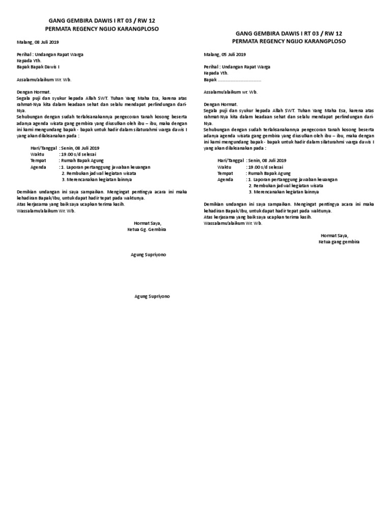 Contoh Undangan Rapat Gang | PDF