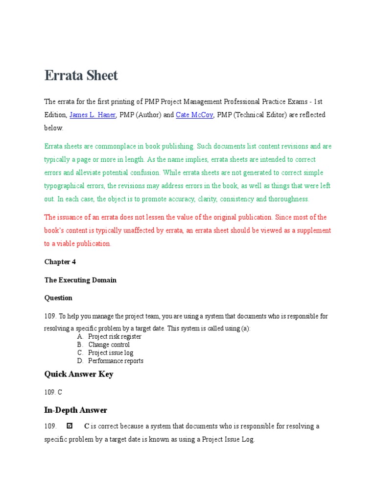ERRATA For PMP Book 1st Edition On September 15 2018 at 0659 | PDF ...