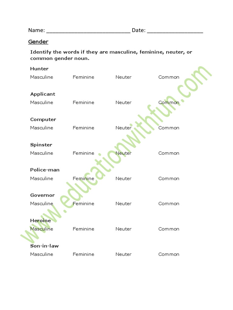 Masculine Feminine Worksheets