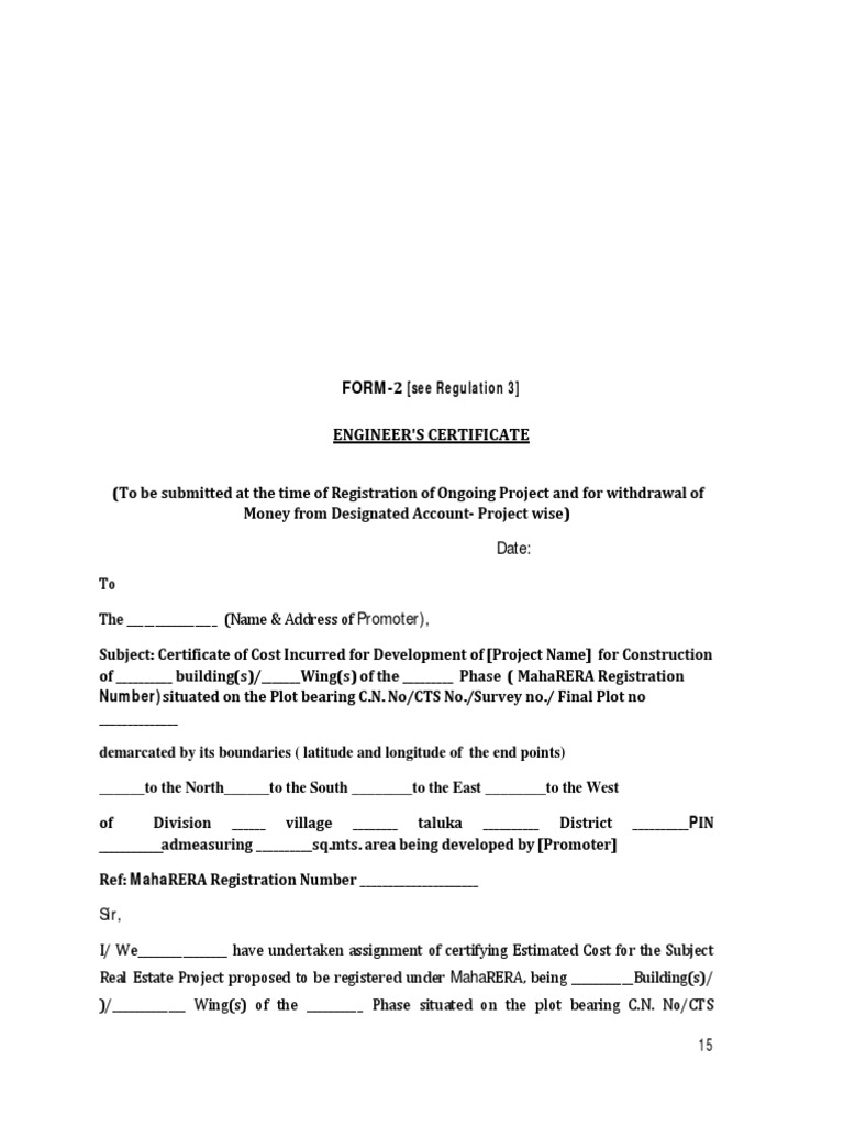 Form 2 - Engineer's Certificate PDF | PDF | Cost | Surveying