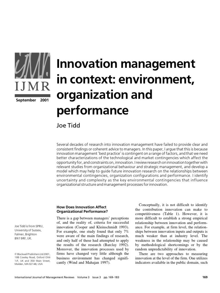 Tidd-2001-International Journal of Management Reviews | PDF | Research And Development | Innovation