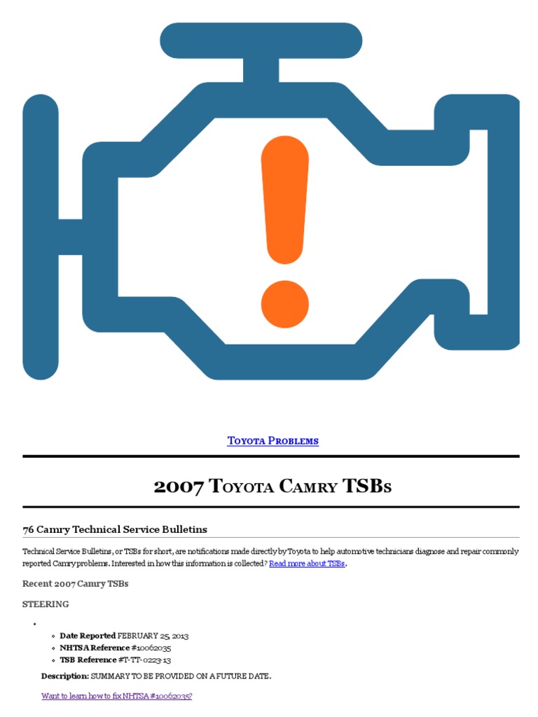 2007 Toyota Camry TSBs (Technical Service Bulletins) - ToyotaProblems ...