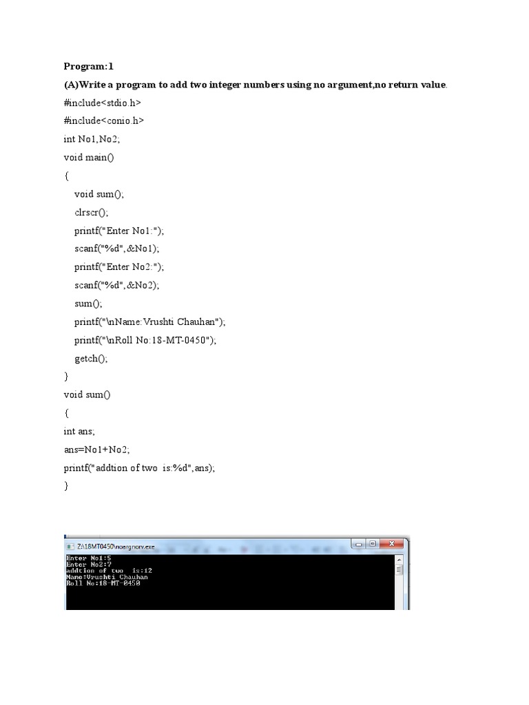 Program:1 (A) Write A Program To Add Two Integer Numbers Using No ...