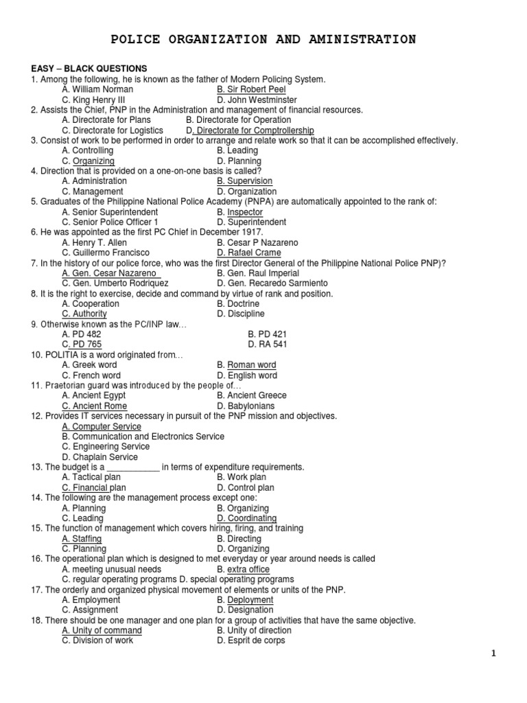 Police Organization and Aministration: Easy - Black Questions | PDF ...