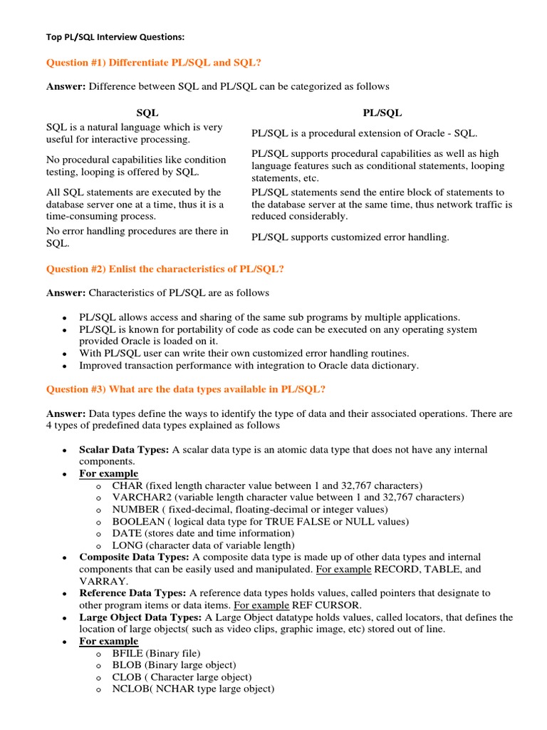 Top PL/SQL Interview Questions | PDF | Pl/Sql | Parameter (Computer Programming)