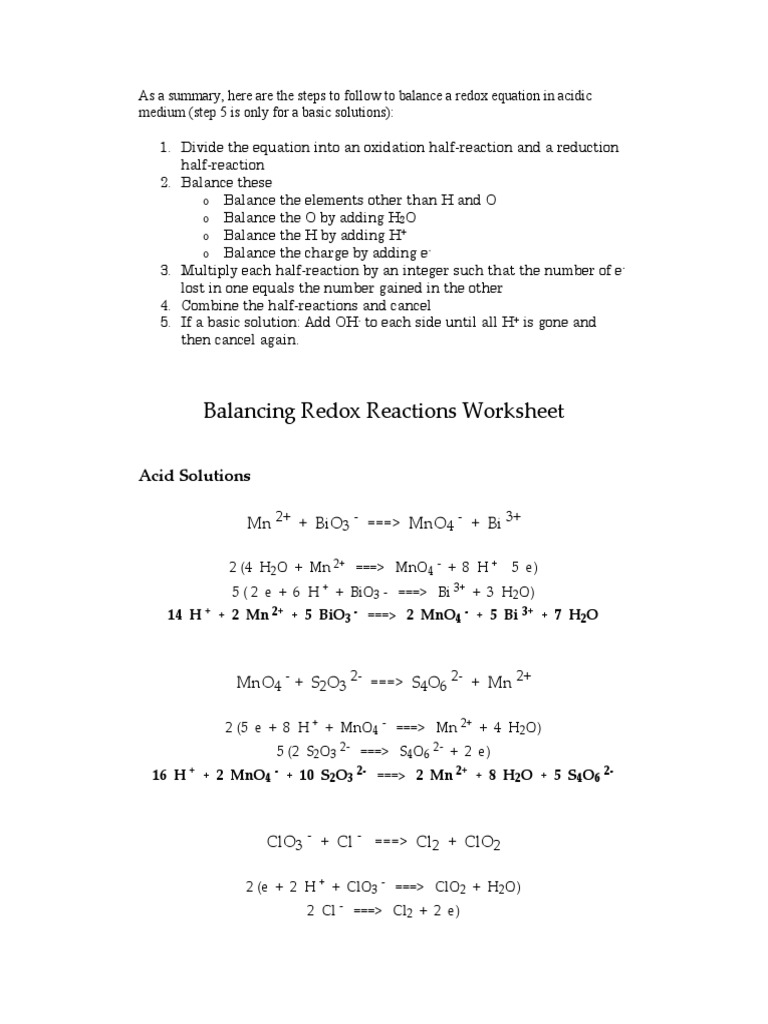 Balancing Redox Reactions Worksheet: Acid Solutions | PDF | Redox ...