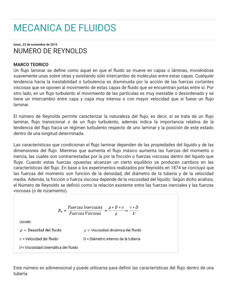 Mecanica de Fluidos - Numero de Reynolds | PDF | Numero Reynolds | Viscosidad