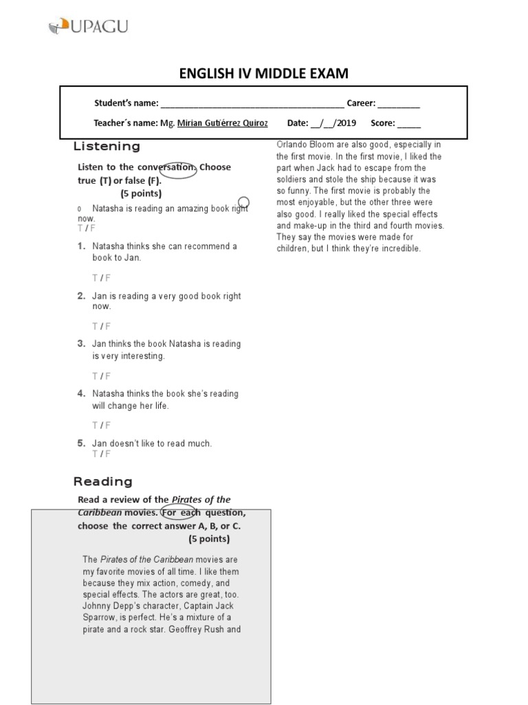 English Middle Exam IV | PDF