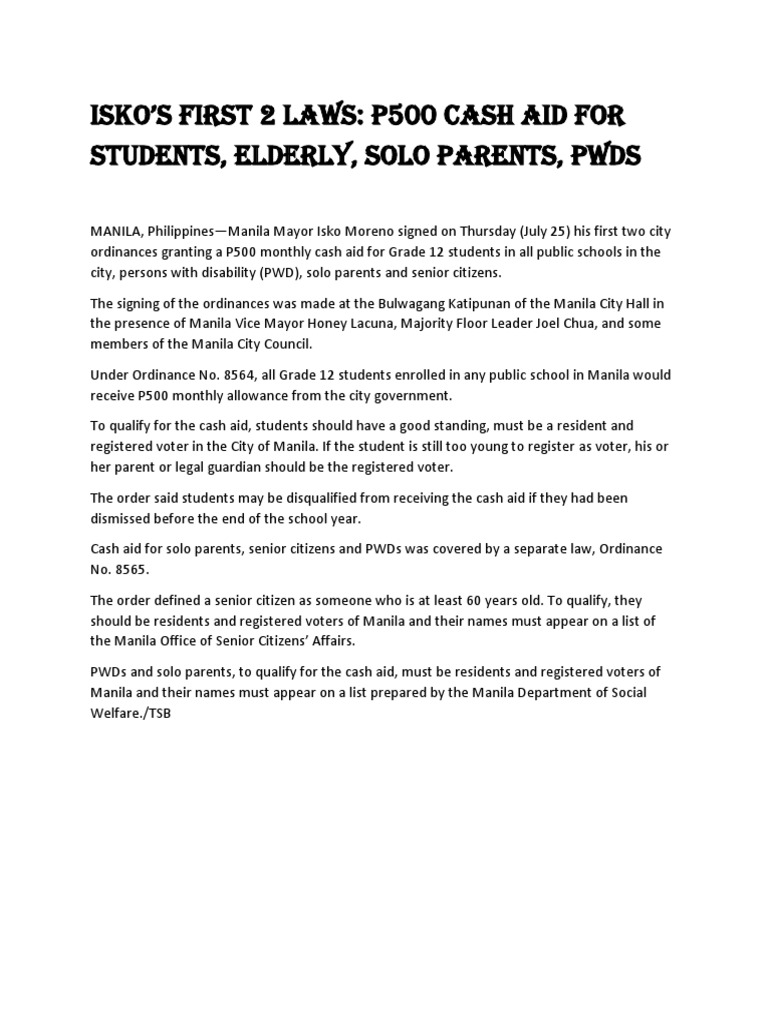 Isko'S First 2 Laws: P500 Cash Aid For Students, Elderly, Solo Parents ...