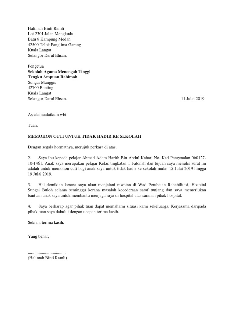 Contoh Surat Memohon Cuti Sekolah | PDF