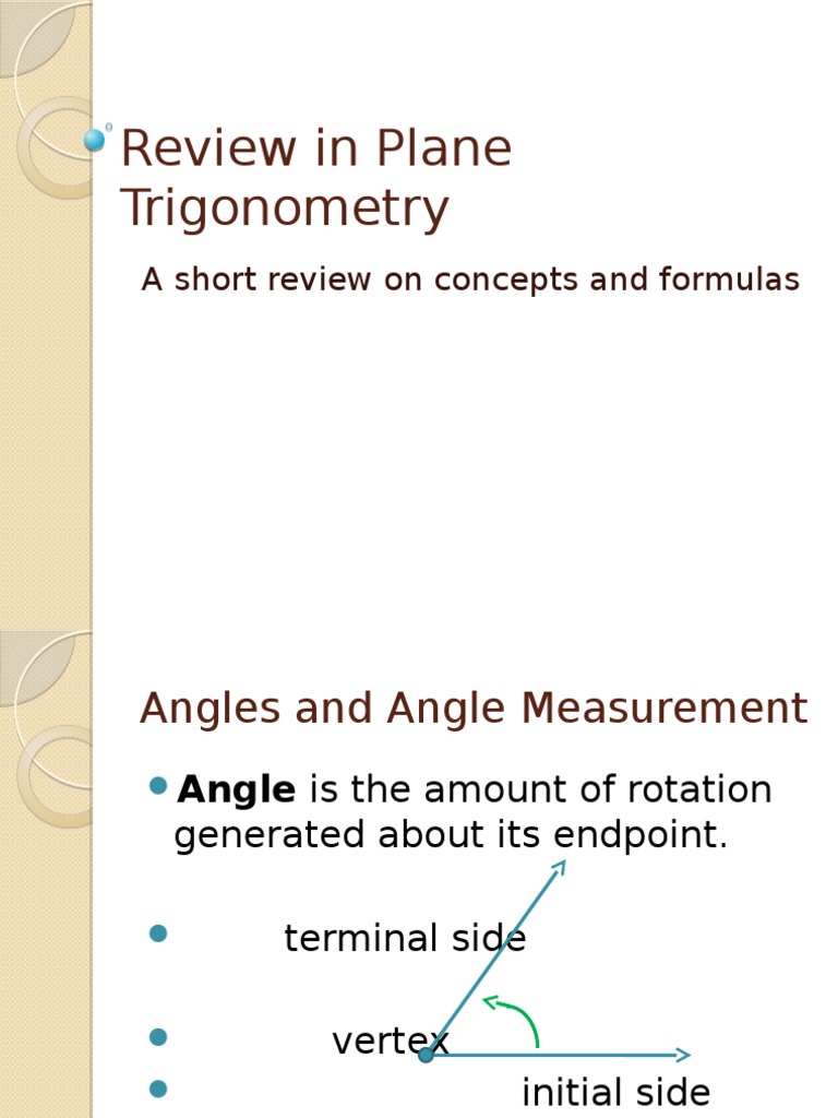 Review in Plane Trigonometry | PDF | Trigonometric Functions | Angle