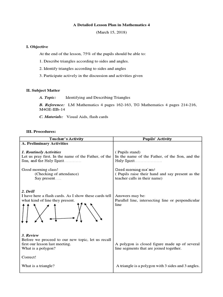 Detailed Lesson Plan in Math 4 | PDF | Triangle | Geometric Objects