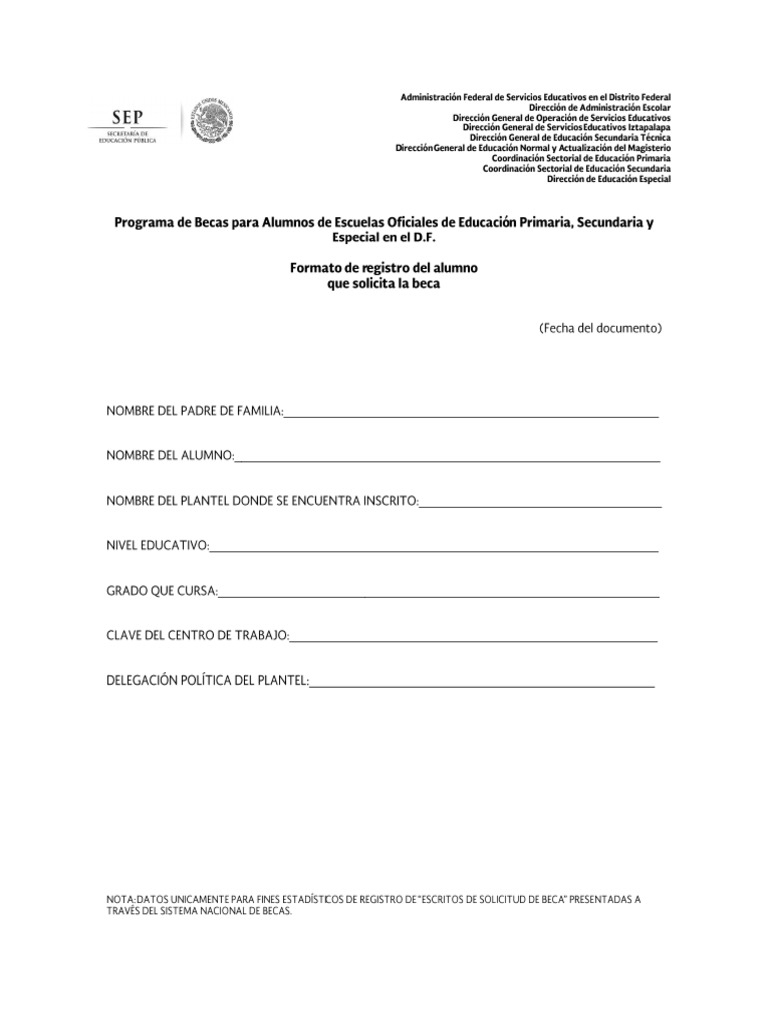 Formato de Registro y Escrito Solicitud de Beca PDF | PDF