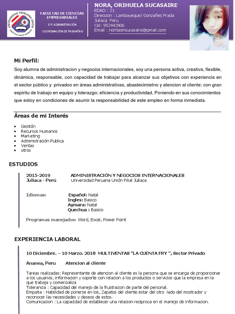 CV Nora | PDF | Servicio al Cliente | Perú