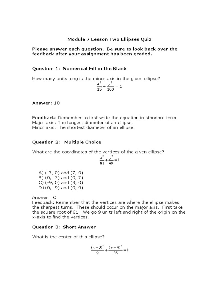Module 7 Lesson 2 Ellipse Quiz | PDF | Ellipse | Cartesian Coordinate ...