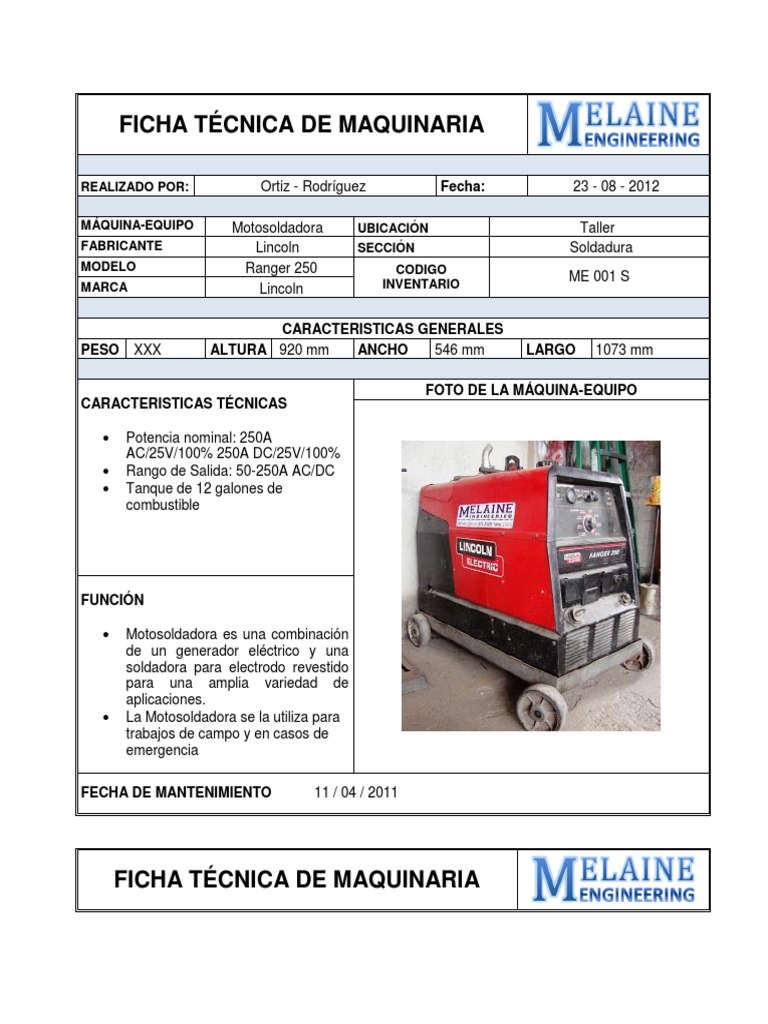 Ficha Tecnica de Maquinaria | PDF | Perforar | Soldadura Ficha Tecnica de Maquinaria | PDF | Perforar | Soldadura