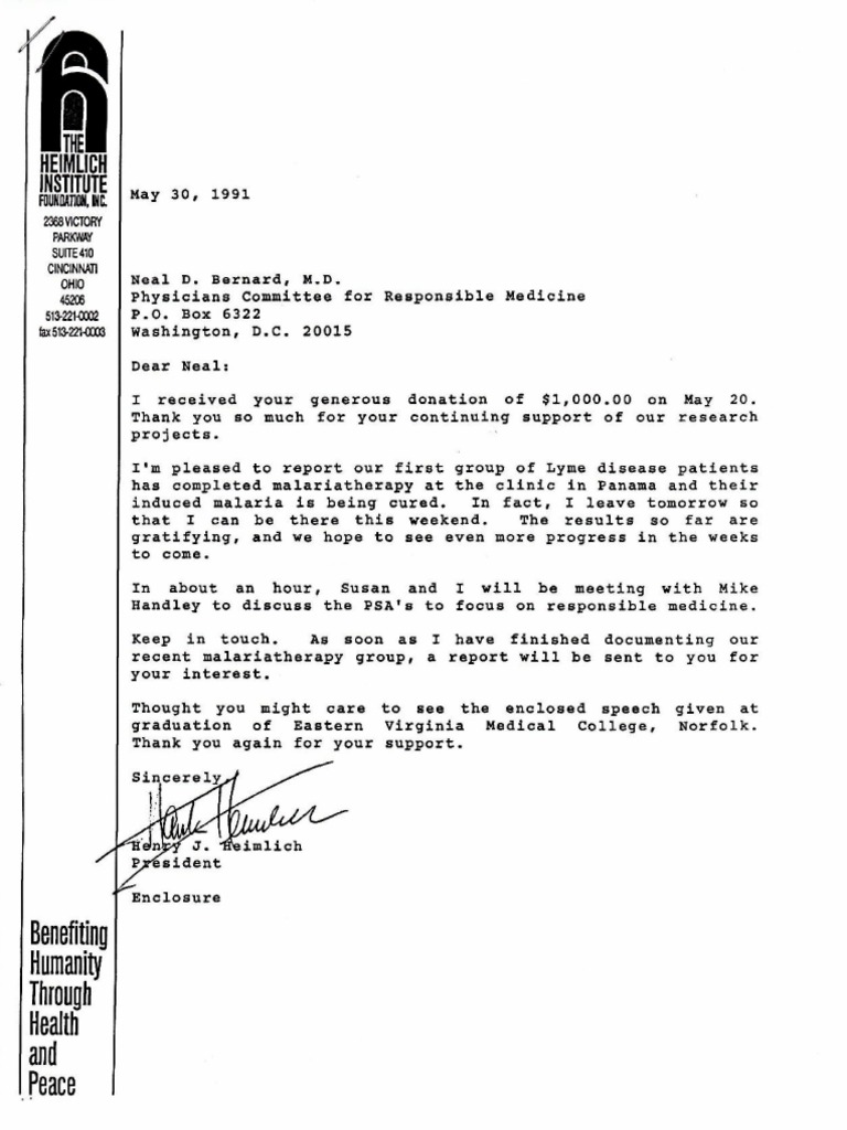 5/30/91 "Malariotherapy" For Lyme Disease Donation Thank-You Letter ...