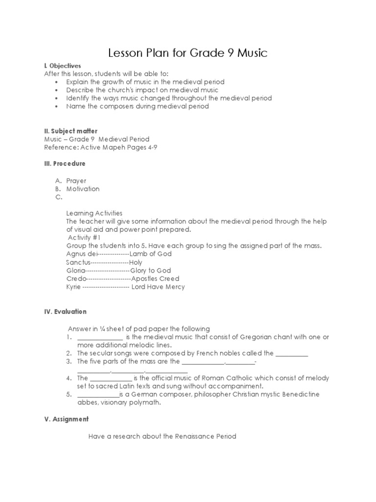 Lesson Plan For Grade 9 Music | PDF