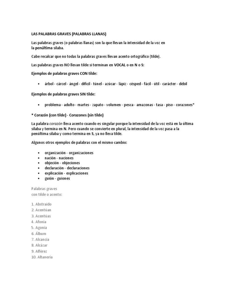 Clasificación y ejemplos de palabras graves | PDF | Artes del Lenguaje ...