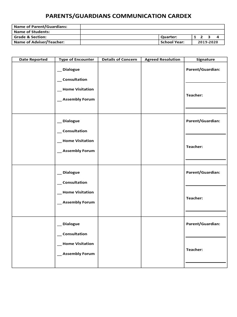 Parents/Guardians Communication Cardex | PDF