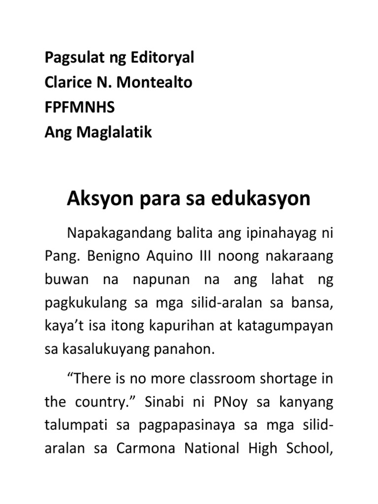 Pagsulat NG Editoryal Sample | PDF