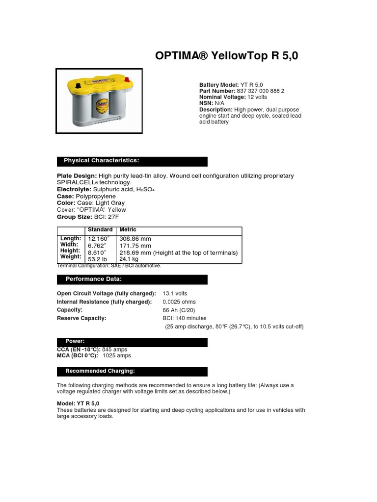 Optima Yellowtop R 5-0-06 | PDF | Battery Charger | Galvanic Cells