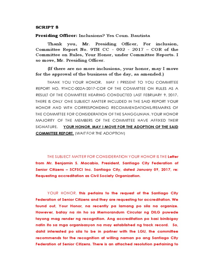 Script 8 Presiding Officer: Inclusions? Yes Coun. Bautista: Committee ...