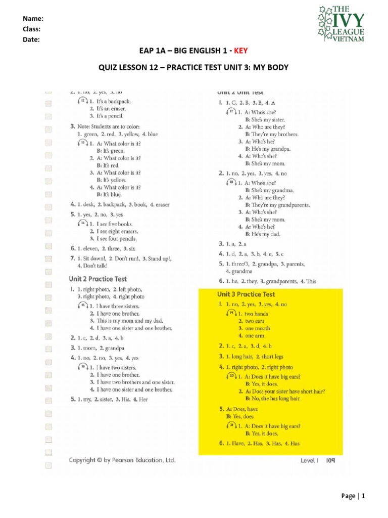 Eap 1a Quiz Lesson 12 Practice Test Unit 3 Key Pdf