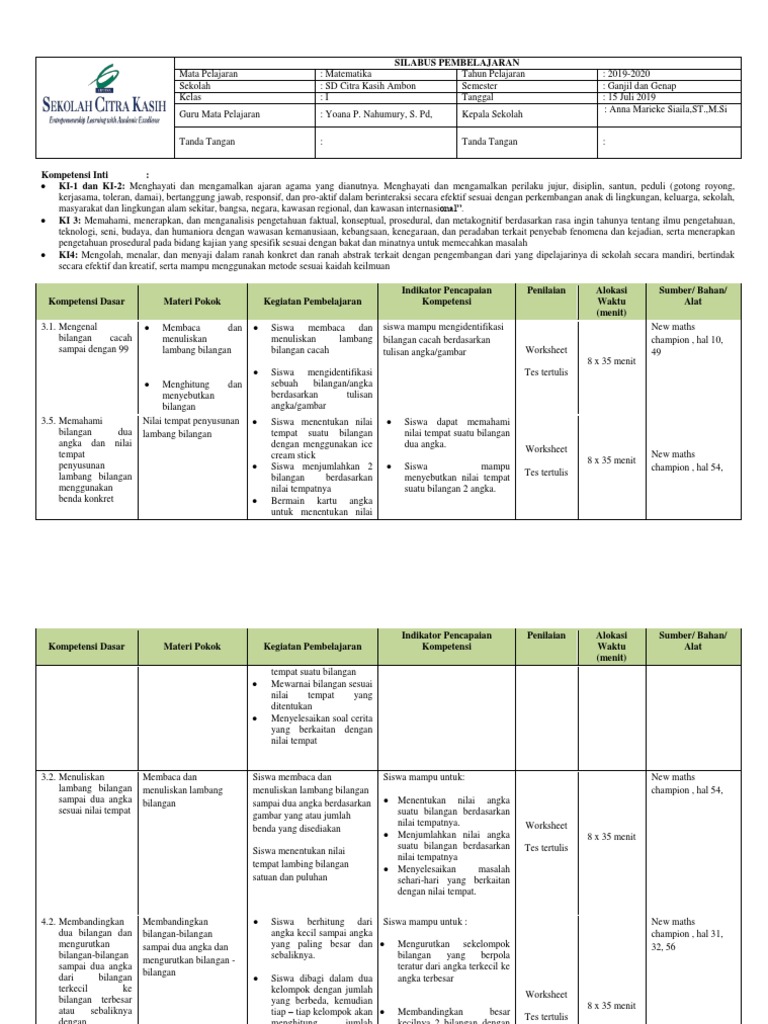 Silabus P1 Math T1 | PDF