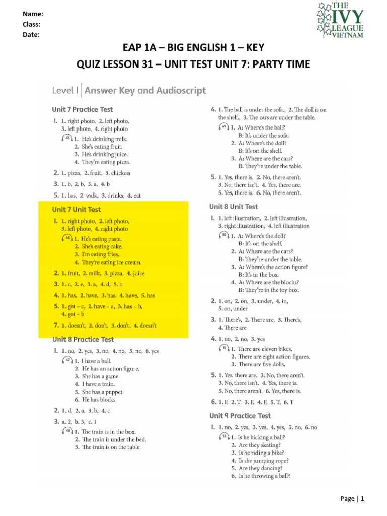 EAP 1A - Quiz Lesson 31 - Unit Test Unit 7 - KEY | PDF