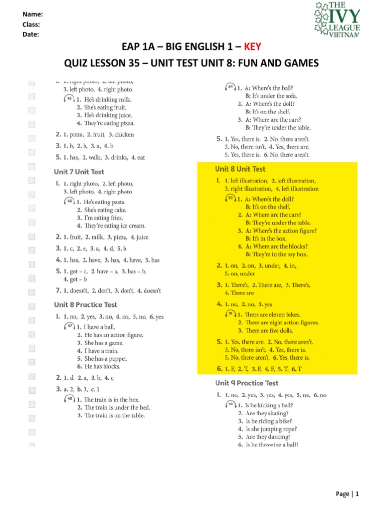 Eap 1a Quiz Lesson 35 Unit Test Unit 8 Key Pdf Quiz Games