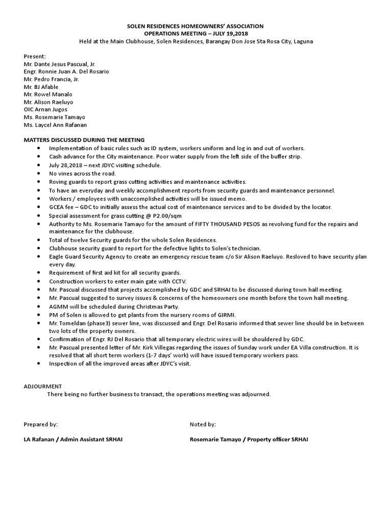 Operations Minutes of The Meeting | PDF | Business