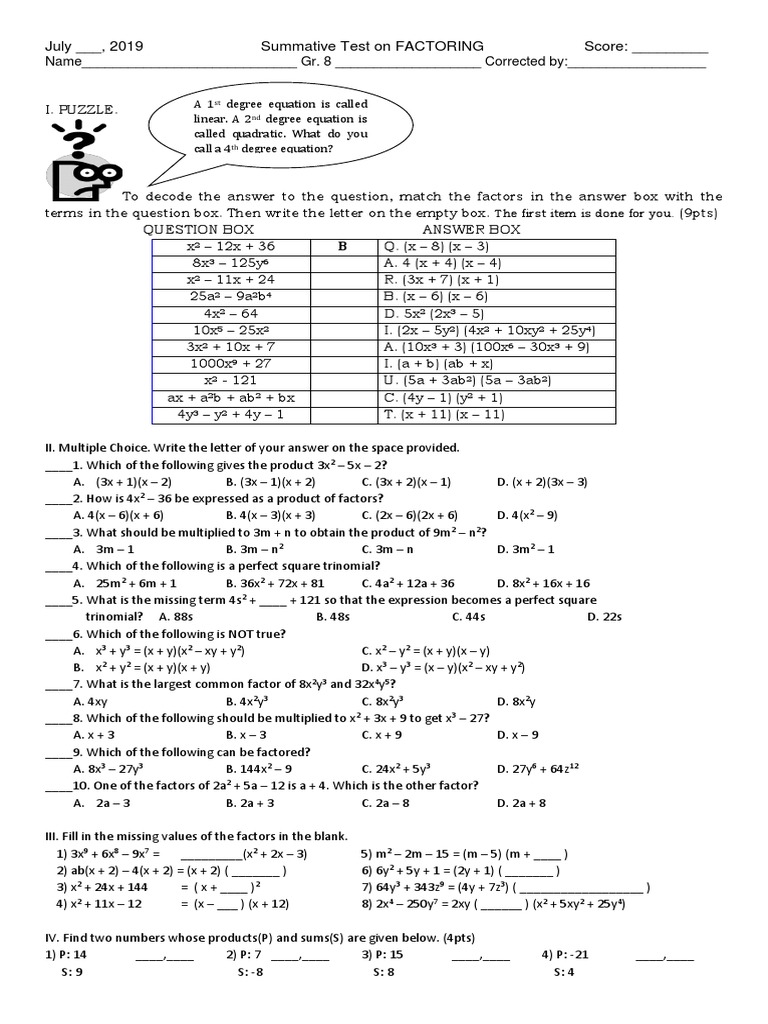 July - , 2019 Summative Test On FACTORING Score | PDF | Factorization ...