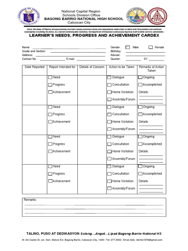 Learner'S Needs, Progress and Achievement Cardex: Bagong Barrio National High School | Download ...