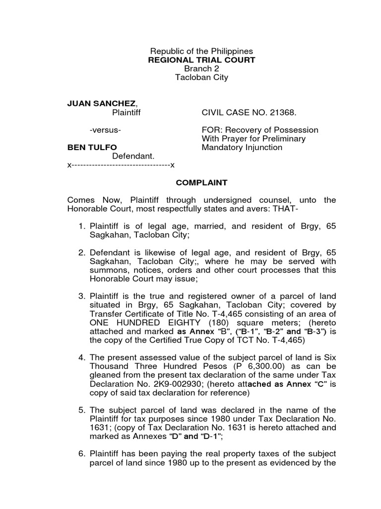 Sample Complaint For Recovery of Possession | PDF | Injunction | Lawsuit