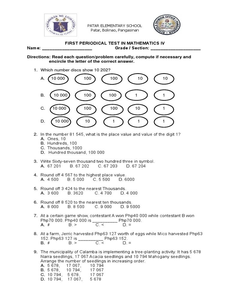PT Math 4 Quarter 1 | PDF | Division (Mathematics) | Arithmetic