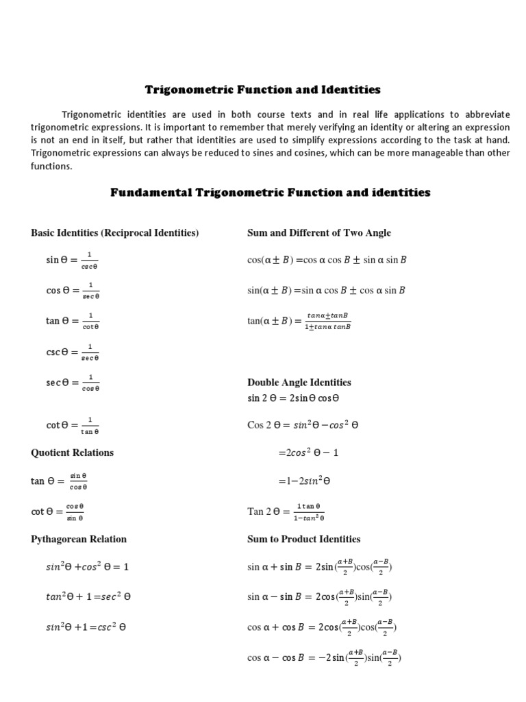 Trigonometric Function and Identities | Download Free PDF ...