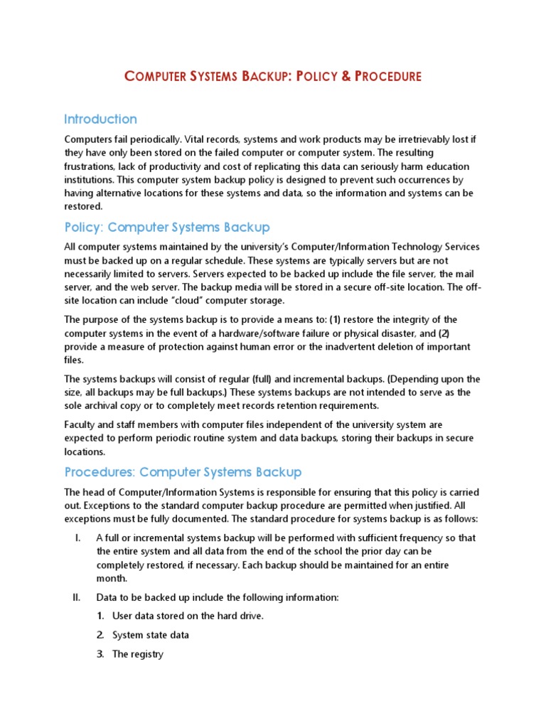 Computer Systems Backup Policy & Procedures | PDF | Backup | Areas Of ...