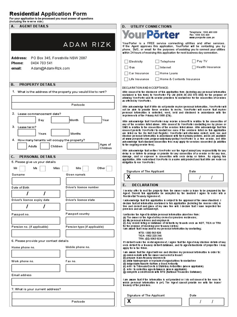 Adam Rizk Tenancy Application Form | PDF | Landlord | Leasehold Estate