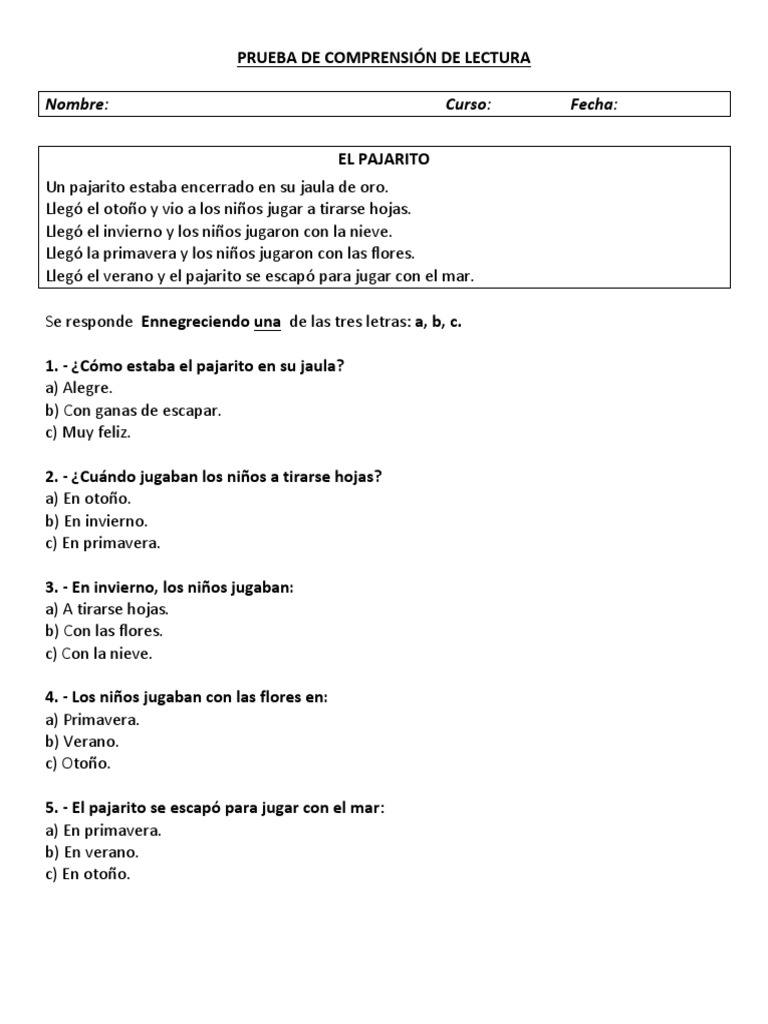Prueba de Comprensión de Lectura #2 | PDF