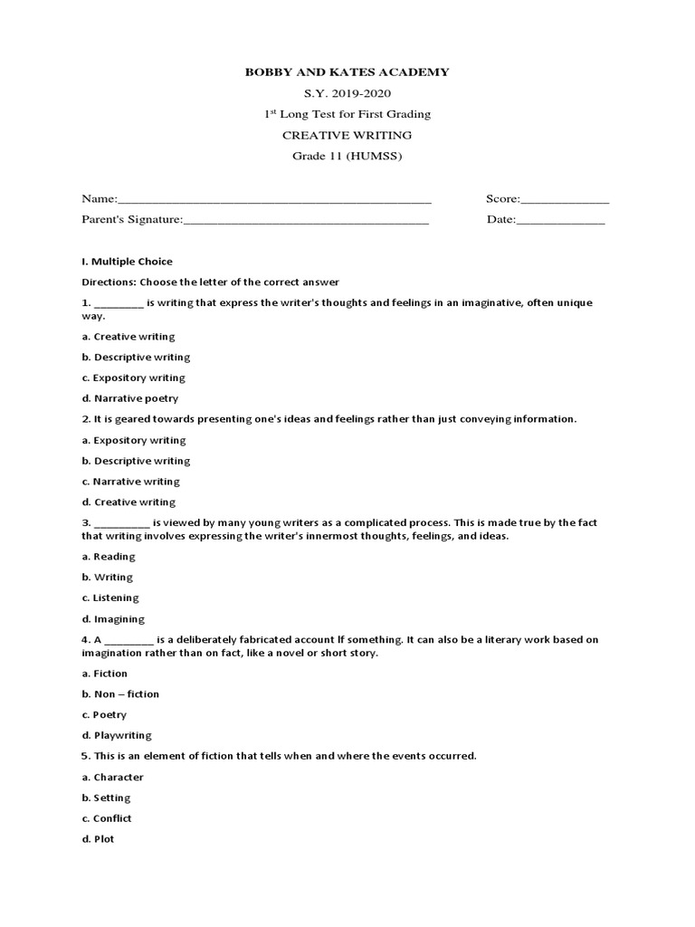 HUMSS Long Test - Creative Writing | PDF | Narrative | Narration