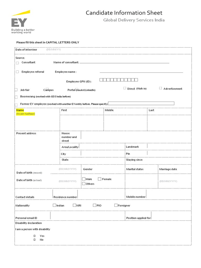 EY Candidate Information Sheet | PDF | Disability | Employment