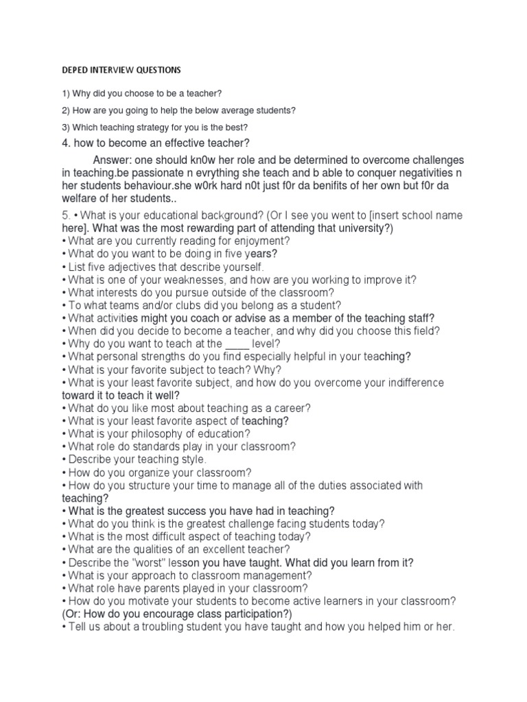 Deped Interview Questions | PDF | Classroom | Teachers