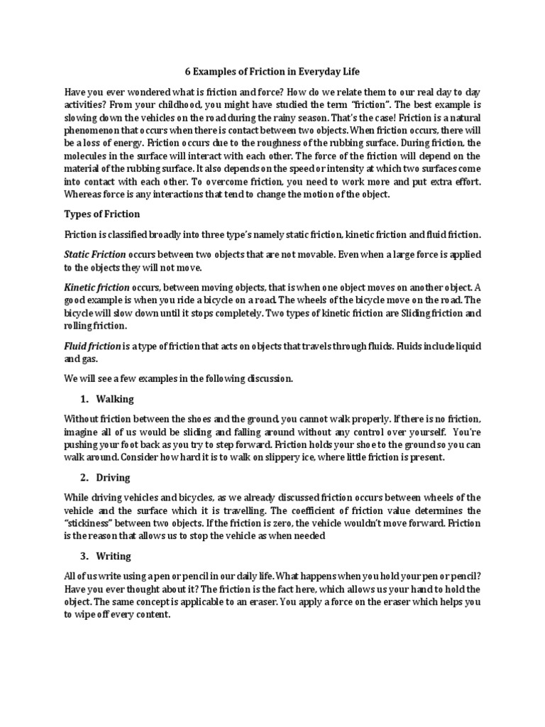 Examples of Friction in Everyday Life | PDF | Friction | Force