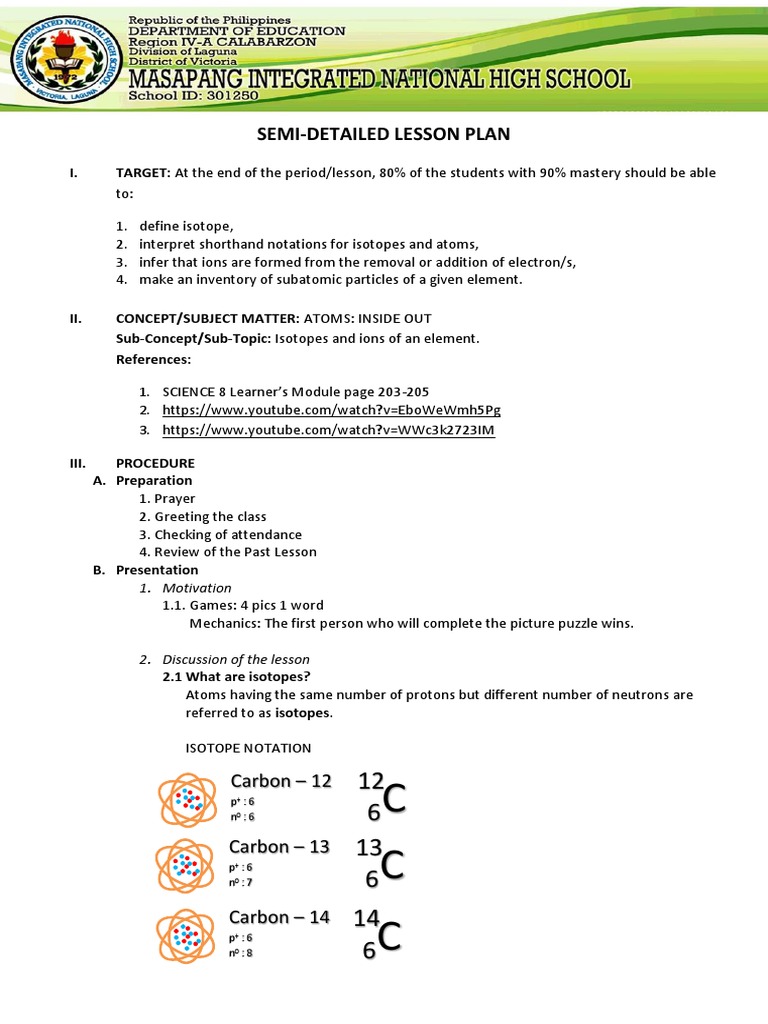 Lesson Plan in Isotopes | PDF | Ion | Isotope