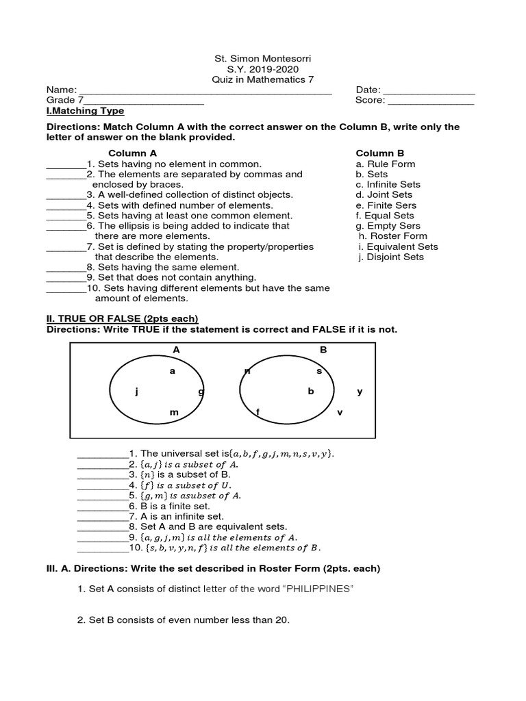 Quiz 1 Grade 7 Pdf Set Mathematics Mathematical Logic