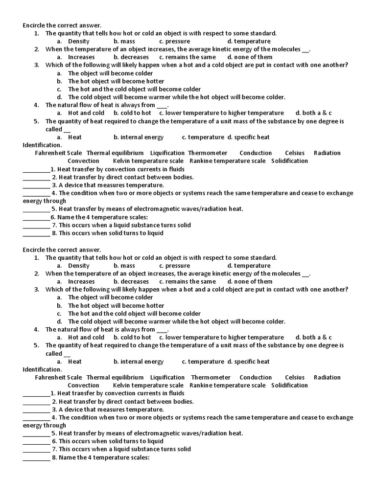 Temperature Concepts and Heat Transfer Quiz | PDF | Temperature | Heat