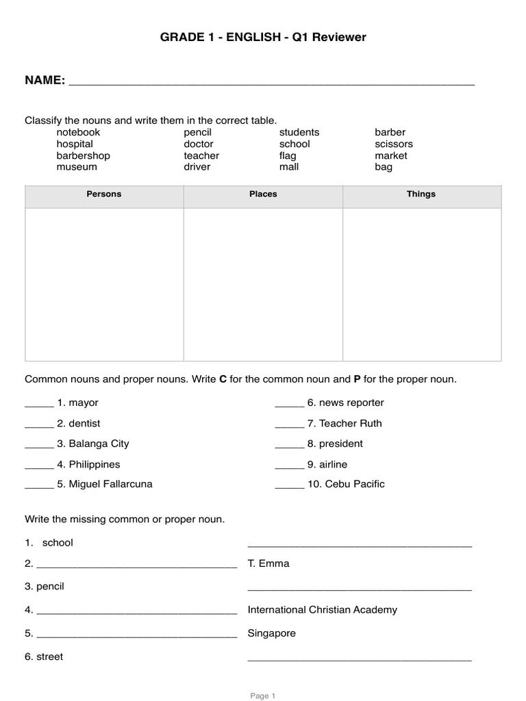 Grade 1 English Noun Review | PDF